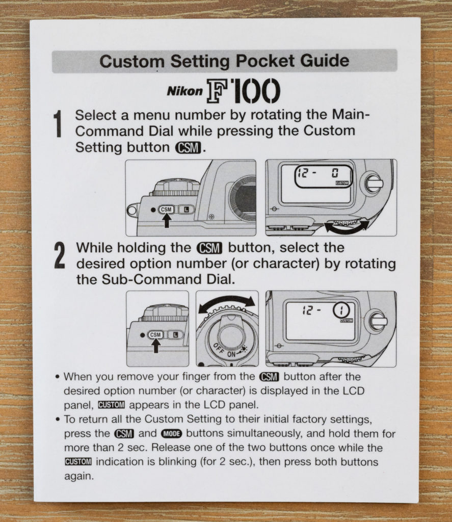 Nikon F100 Custom Settings Menu (CSM) Cheat Sheet/Pocket Guide